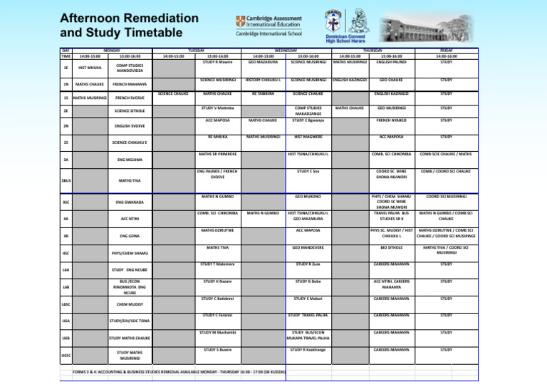 Afternoon Study Timetable Harare | PDF