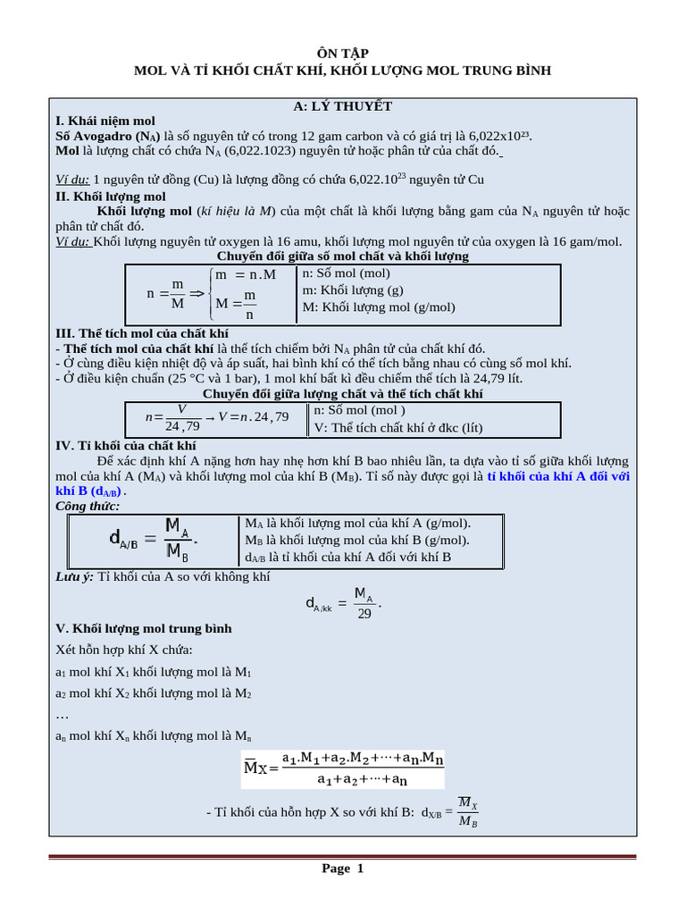 ÔN TẬP Mol và tỉ khối chất khí. Khối lượng mol trung bình - GV | PDF