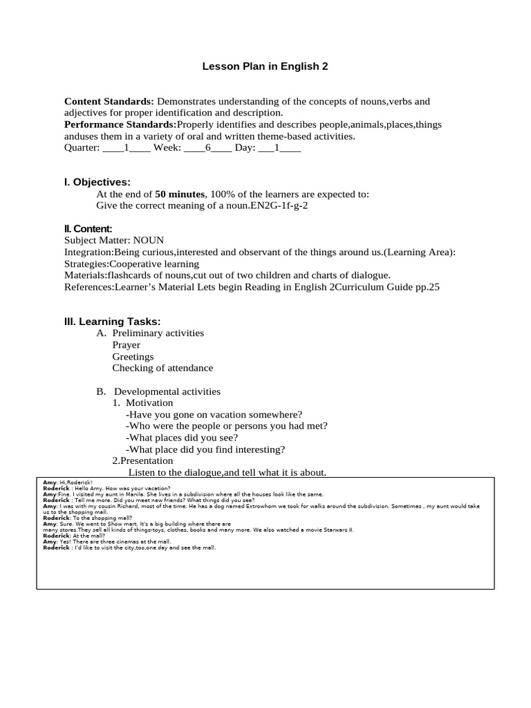 Lesson Plan in English 2 Q1 | PDF | English Language | Lesson Plan