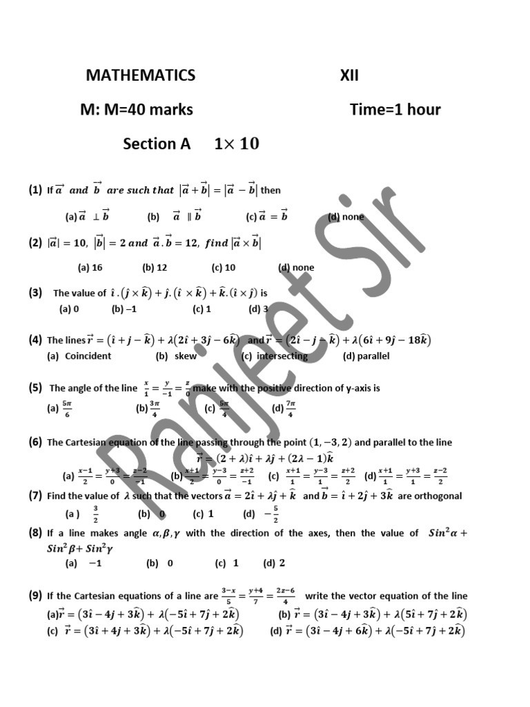 Mathematics Xii M: M 40 Marks Time 1 Hour Section A 1 | PDF | Cartesian ...