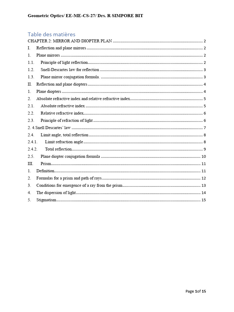 Chapitre 2 Miroir Et Dioptre Plan-1 | PDF | Optics | Refraction