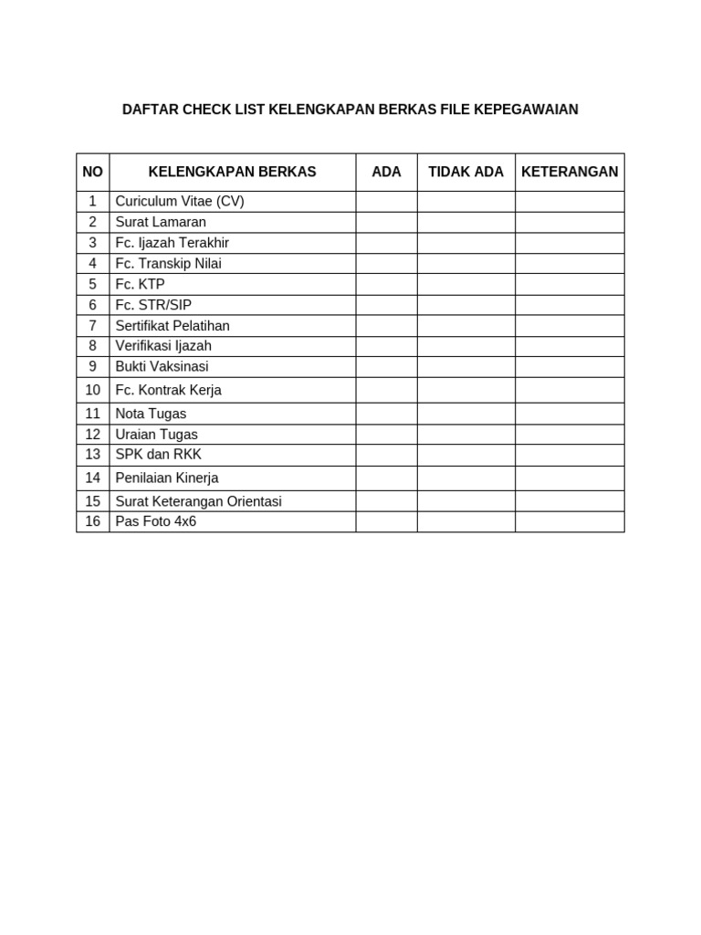 Daftar Check List Kelengkapan Berkas File Kepegawaian | PDF