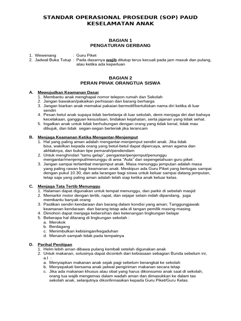 SOP Keselamatan Anak PAUD dan TK | PDF