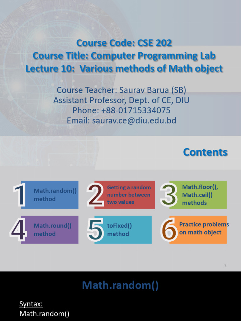 L10. Math - Random Method in JS, CSE 202, BN11 | PDF | Numbers | Computer Programming