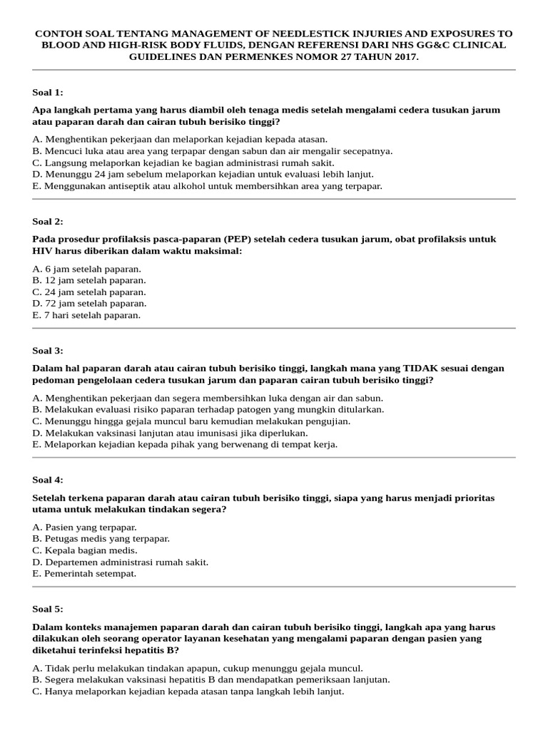 CONTOH SOAL Tentang Management Needlestick | PDF
