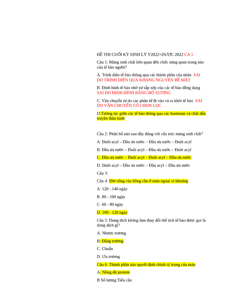 ĐỀ THI CUỐI KỲ SINH LÝ Y2022 | PDF