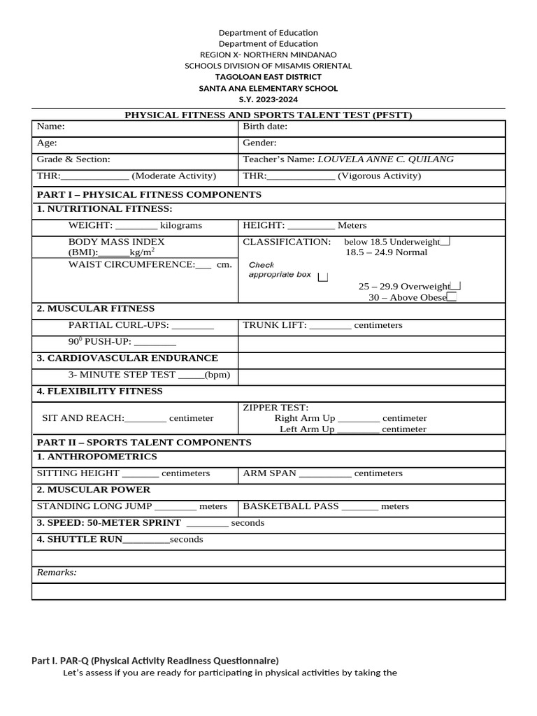 Physical Fitness Test Form | PDF | Body Mass Index | Obesity