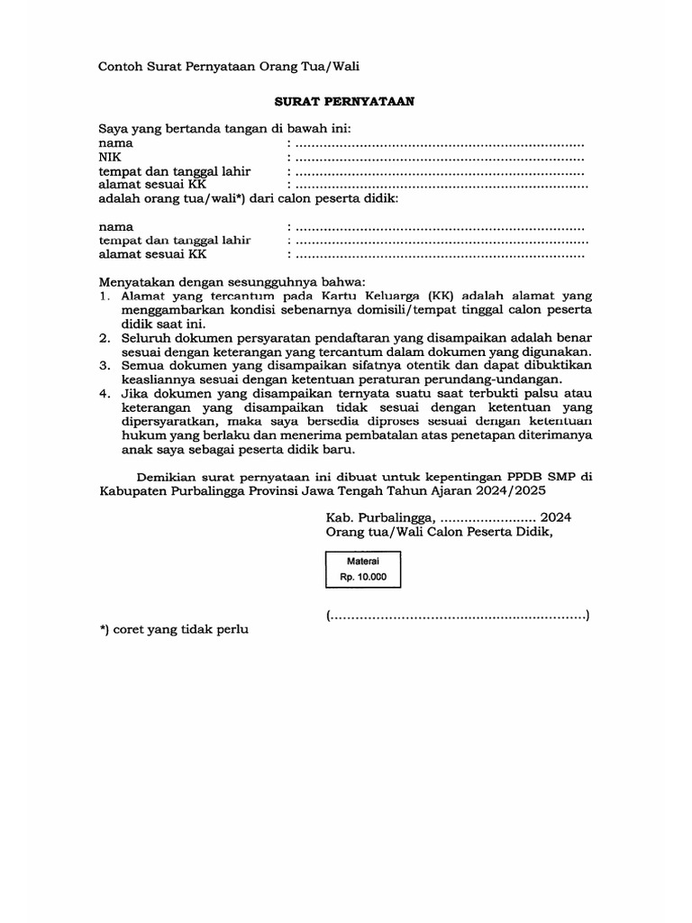 Surat Pernyataan Orang Tua PPDB | PDF