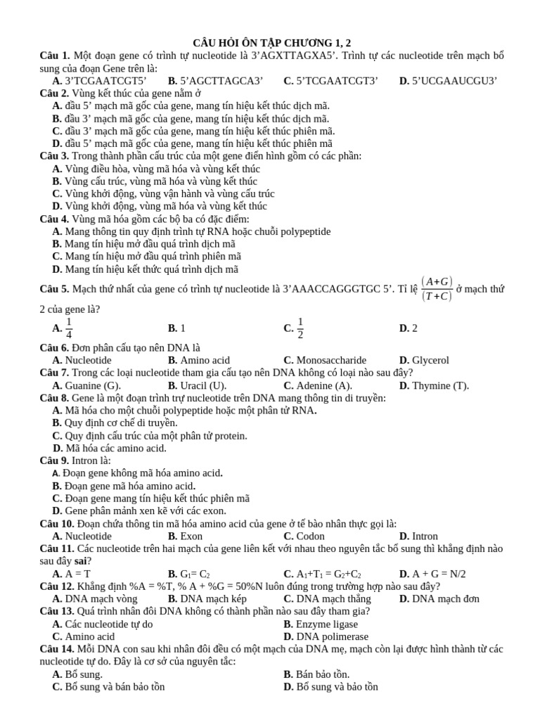 CÂU HỎI ÔN TÂP SINH 12 GK1 HS | PDF