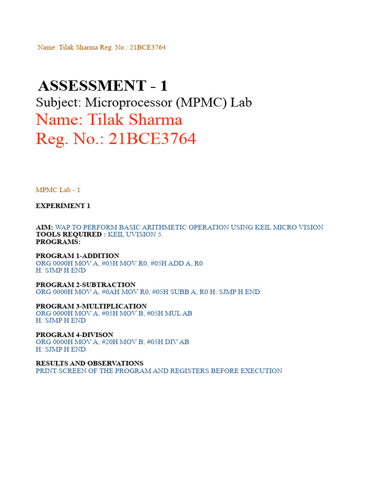 Microprocessor Lab: Arithmetic Operations | PDF