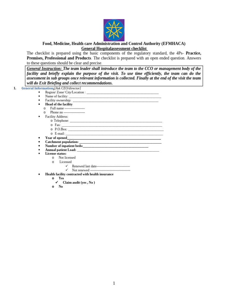 General Hospital Standard Checklist Docx Edited 1 Docx After Revision ...