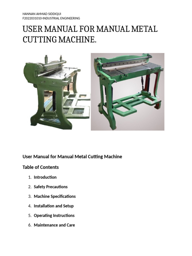 Manual for Metal Cutting Machine | PDF | Switch | Power Supply