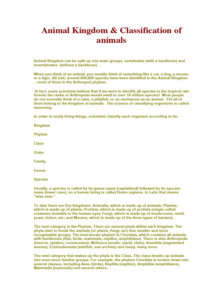 Grade Level Links Grade5 Science Animal Kingdom Defn | PDF ...