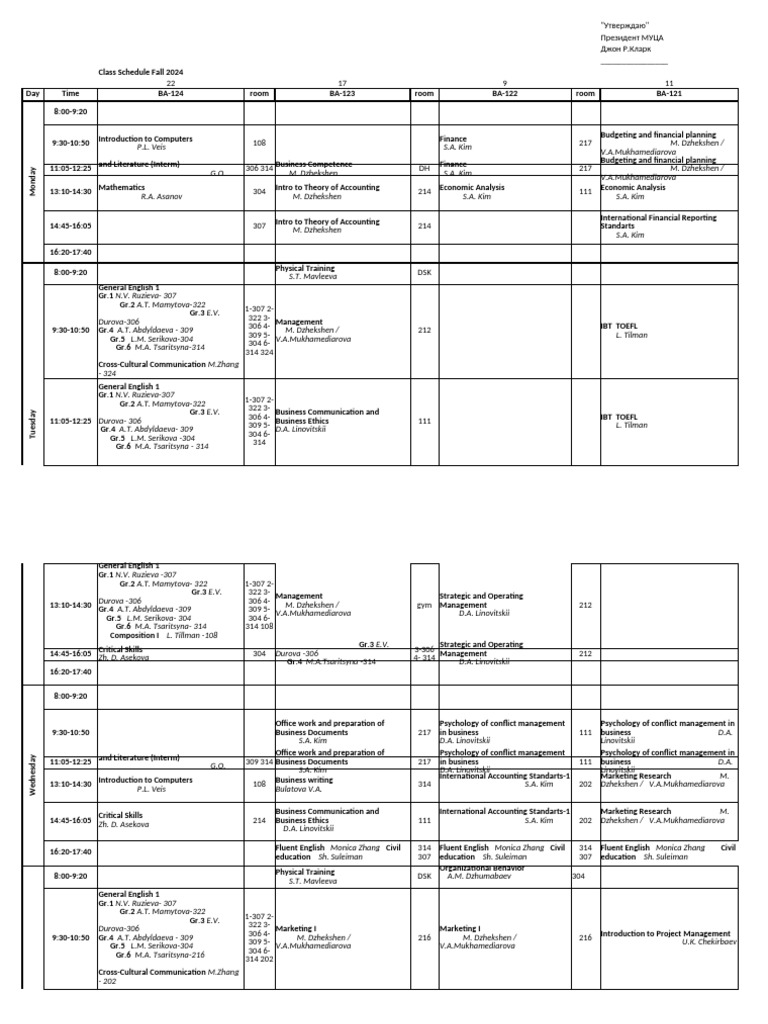 Fall 2024 Class Schedule Overview | PDF