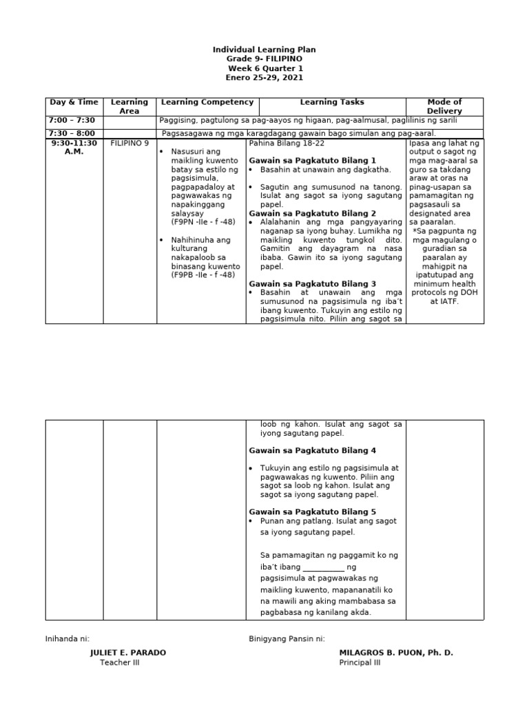 WK 4 Individual Learning Plan in Filipino 9 | PDF