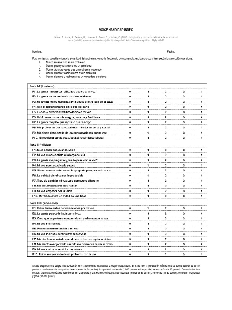 Índice de Incapacidad Vocal VHI-30 y VHI-10 | PDF