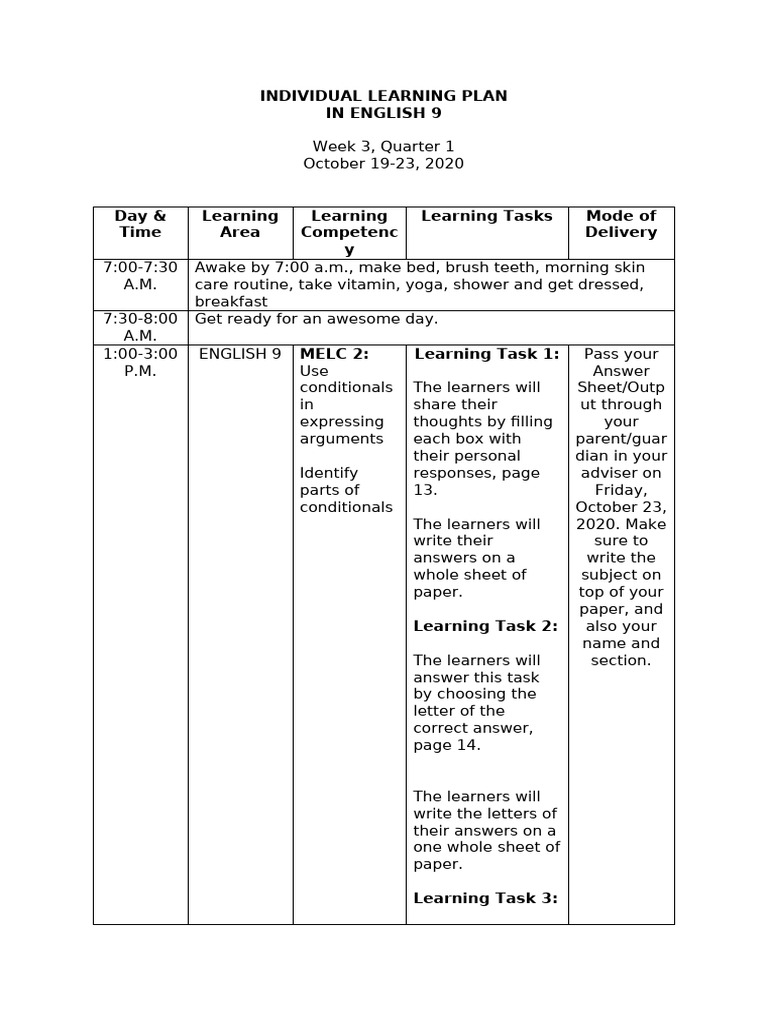 INDIVIDUAL LEARNING PLAN in Eng, WK 3 | PDF | Human Communication | Cognition