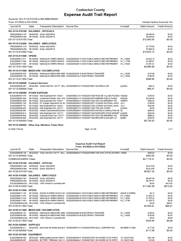 Aug22 Expense Audit Trail | PDF | Debits And Credits | Pension