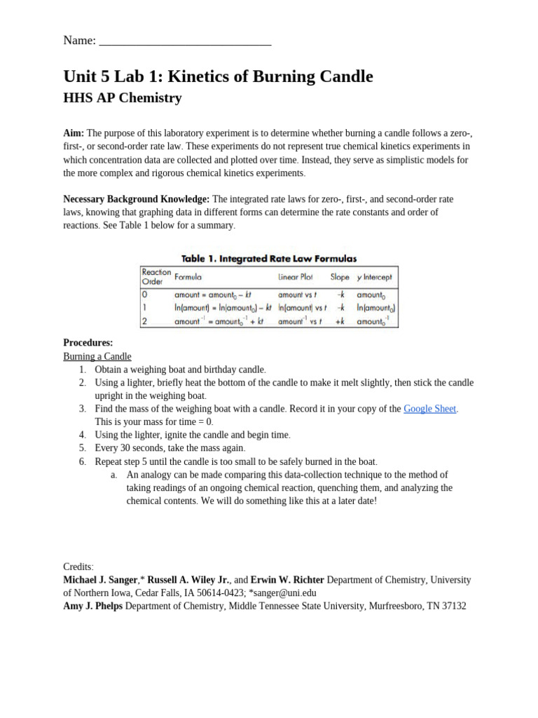 AP Chemistry Candle Kinetics Lab | PDF