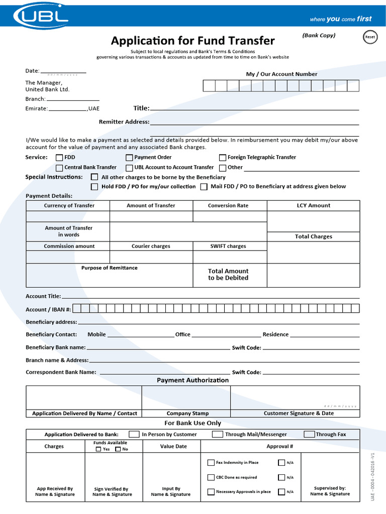 Application For Fund Transfer | PDF | Wire Transfer | Banks