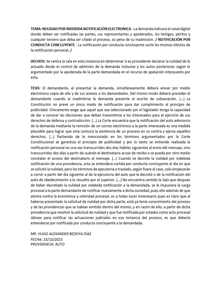 Tema: Nulidad Por Indebida Notificación Electronica - / Notificación ...