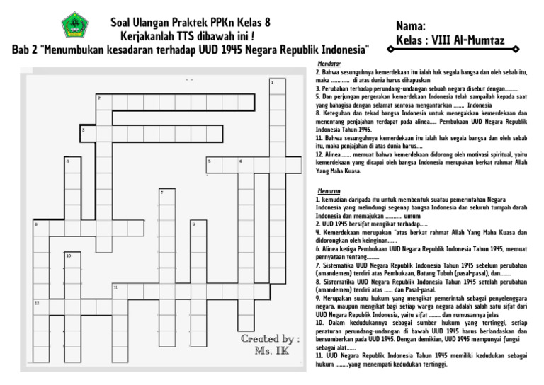Soal TTS PPKN Kelas 8 | PDF