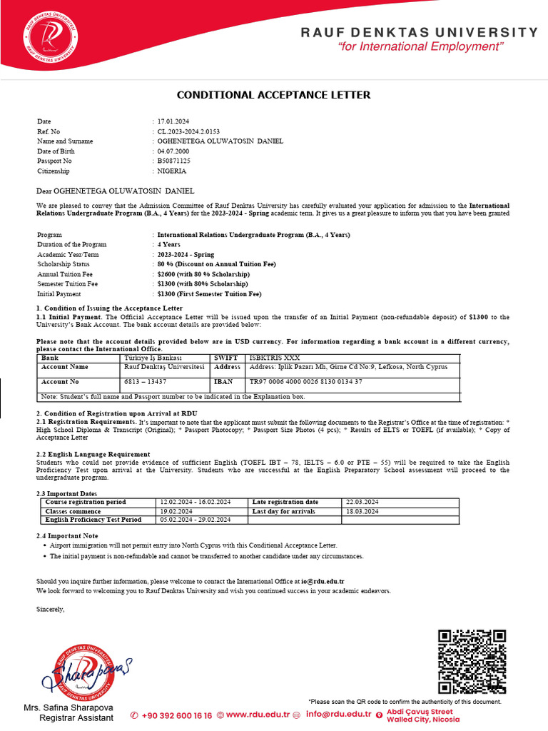 Conditional Letter - Oghenetega Oluwatosin Daniel | PDF