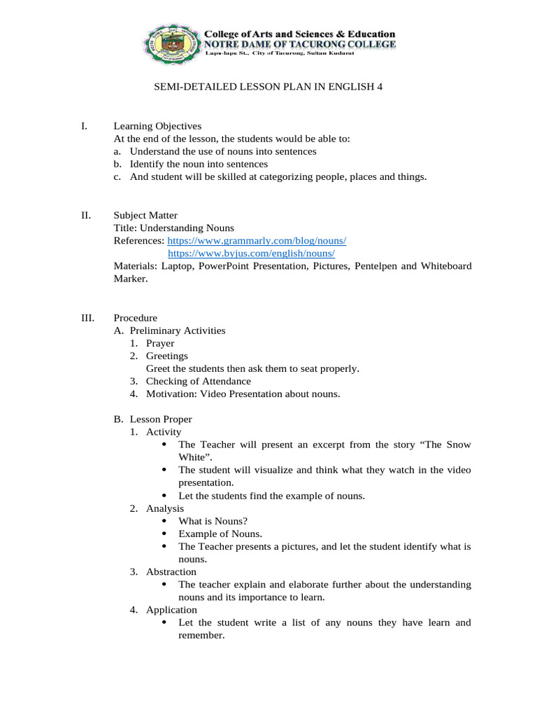 Semi Detailed Lesson Plan English 4 | PDF | Lesson Plan | Human ...