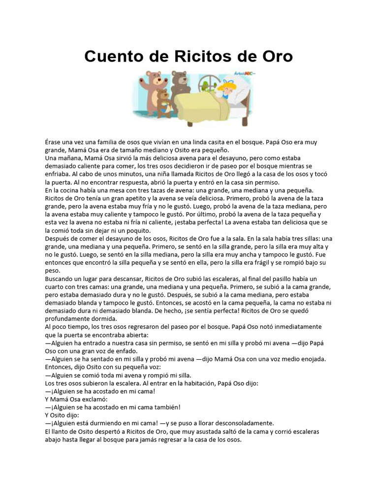 Cuento de Ricitos de Oro Completo | PDF | Ricitos de oro y los tres osos