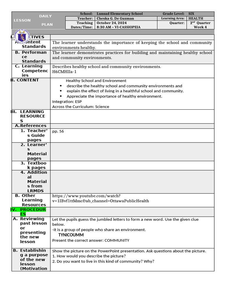 Healthy School and Community Lesson Plan | PDF | Learning | Teachers