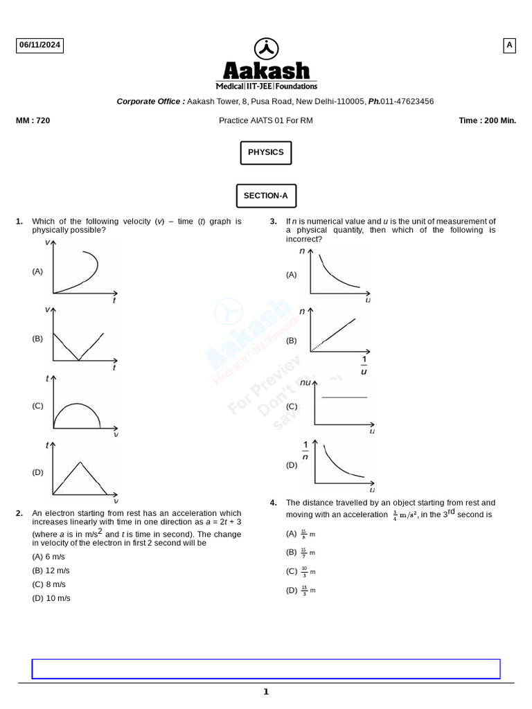 Practice Aiats-01 (A) RM QP | PDF | Acceleration | Velocity