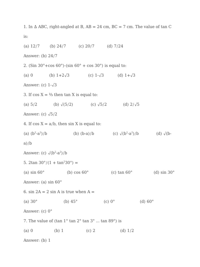 Trigonometry STD X Test Paper | PDF | Trigonometric Functions ...