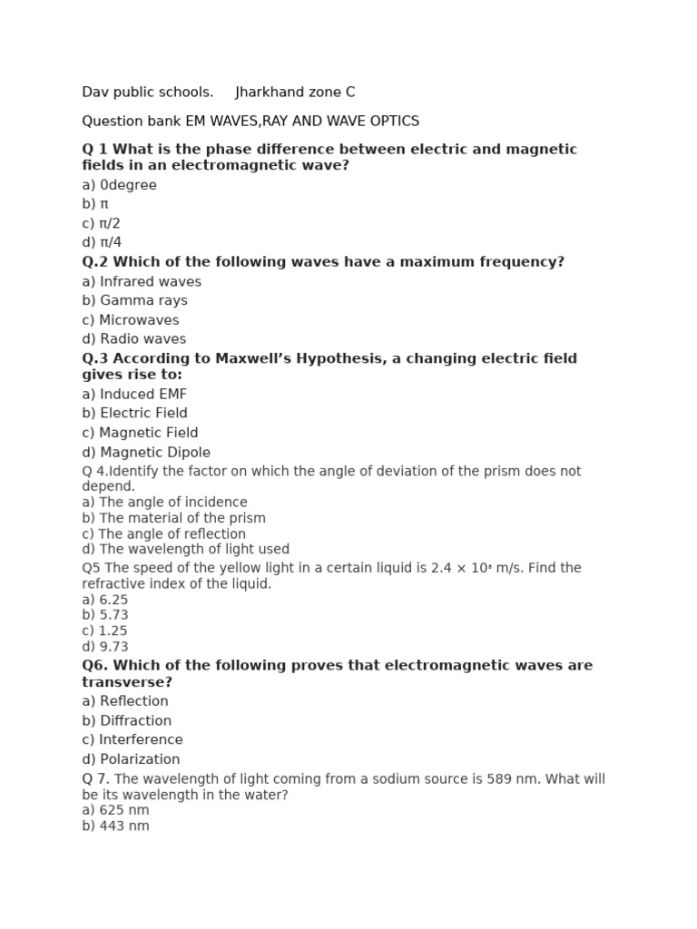 Question Bank Emw, Ray and Wave Optucs | PDF | Electromagnetic ...