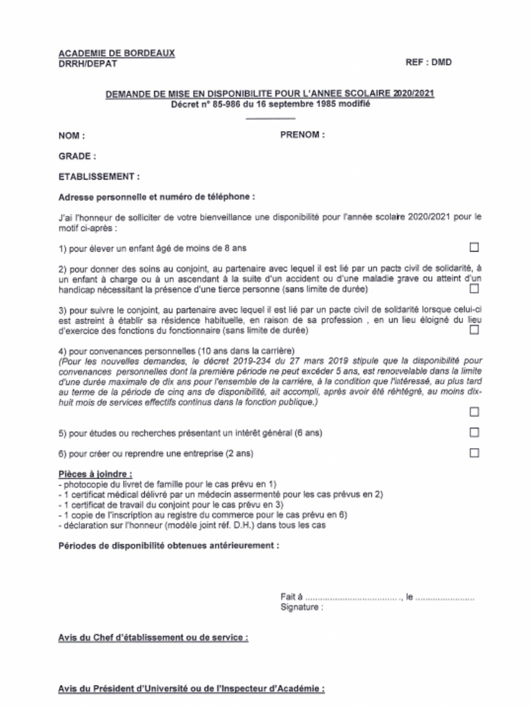 Demande de Mise en Disponibilite | PDF