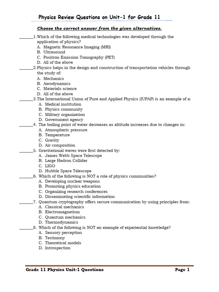 Grade 11 - Unit 1 - Physics and Human Society MCQ | PDF | Physics | Mechanics