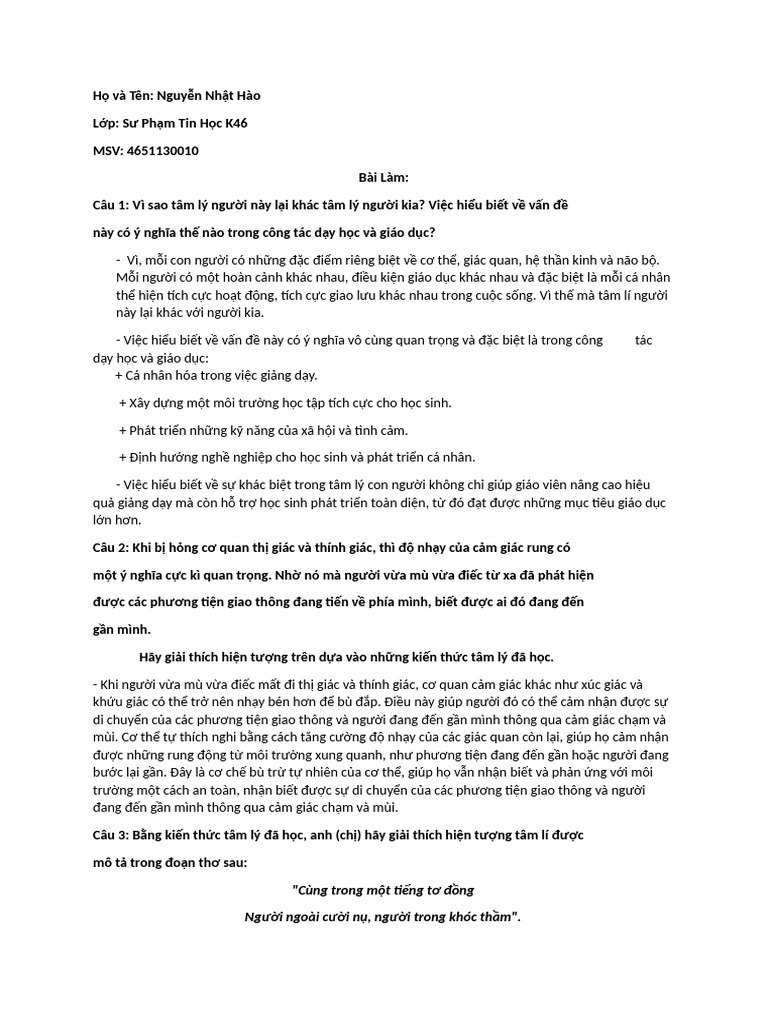 Bài Tập TLH | PDF