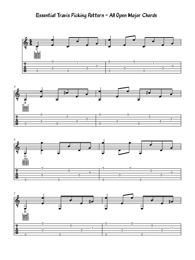 Essential Travis Picking Pattern - All Open Major Chords | PDF | Guitars