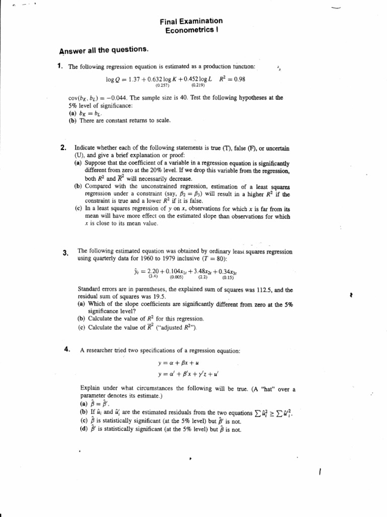 Final Exam - Econometrics I SP 2024 | PDF | Regression Analysis | Errors And Residuals