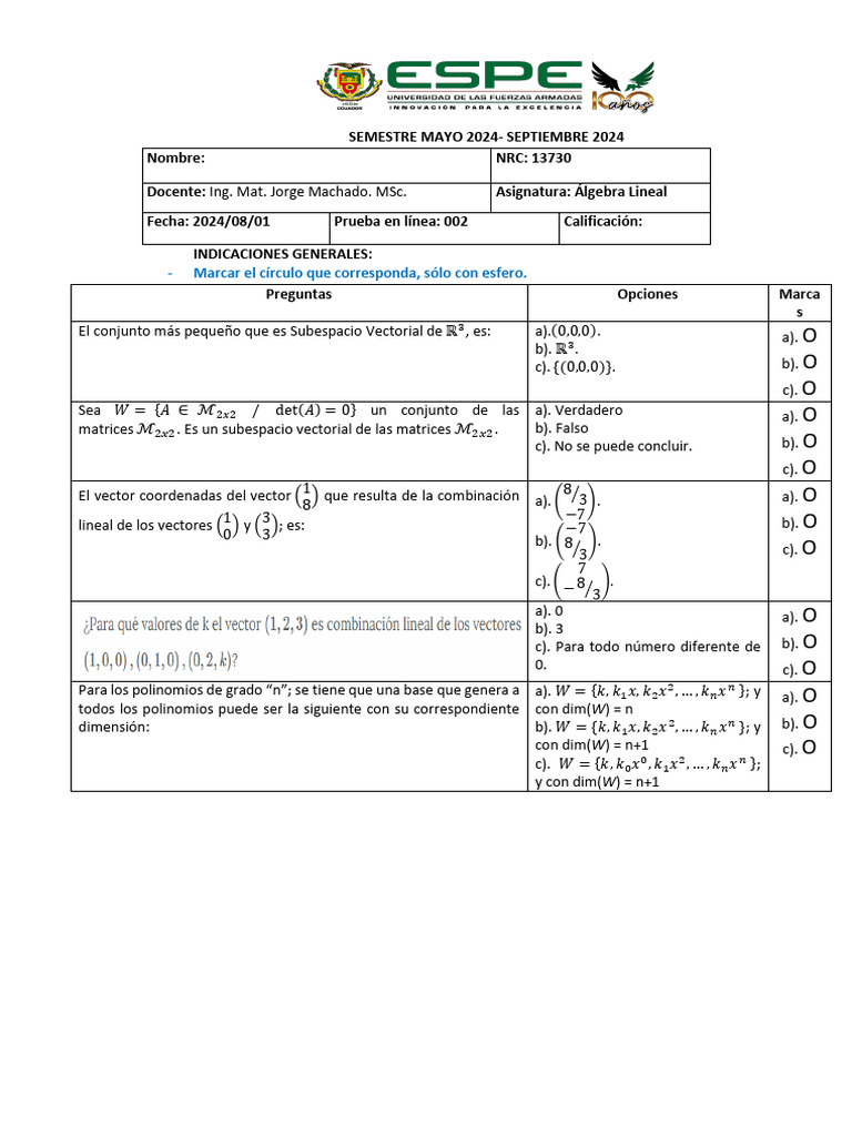 Álgebra Lineal - Prueba en Línea 02 - Imprimir | PDF | Álgebra lineal ...