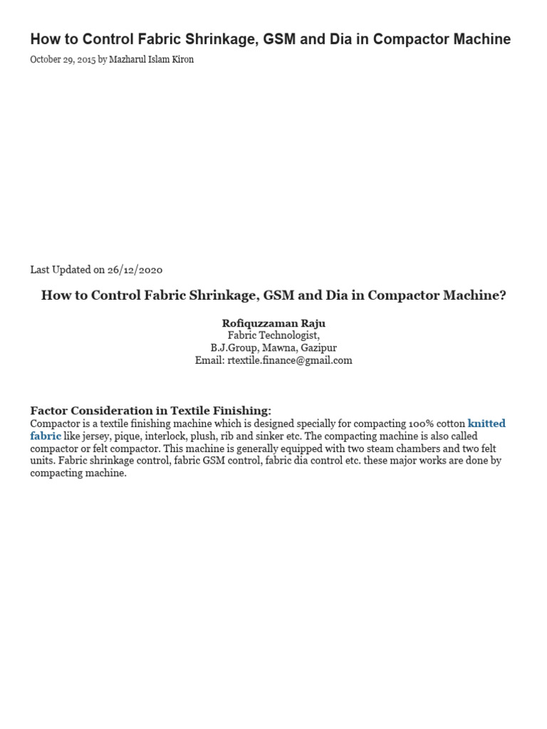 How To Control Fabric Shrinkage, GSM and Dia in Compacting Machine ...