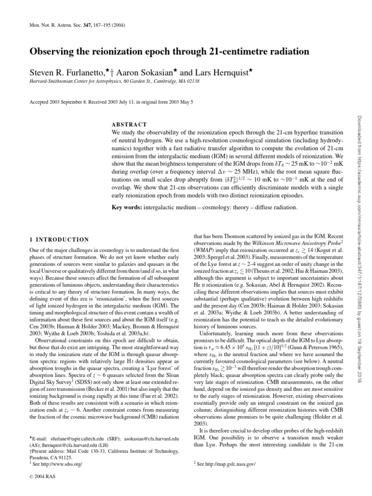 Observing The Reionization Epoch Through 21cm | PDF | Cosmic Microwave ...