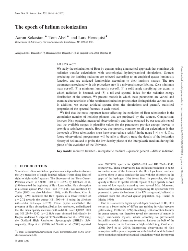 The Epoch of Helium Reionization | PDF | Quasar | Physical Cosmology