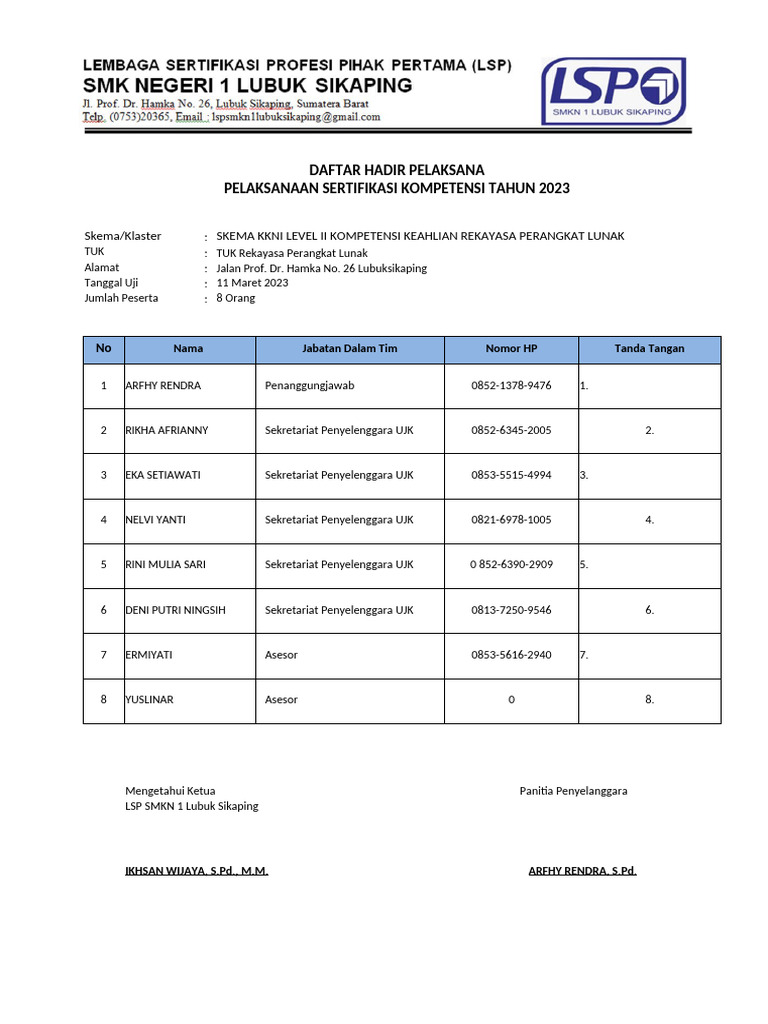 Daftar Hadir UJK RPL | PDF