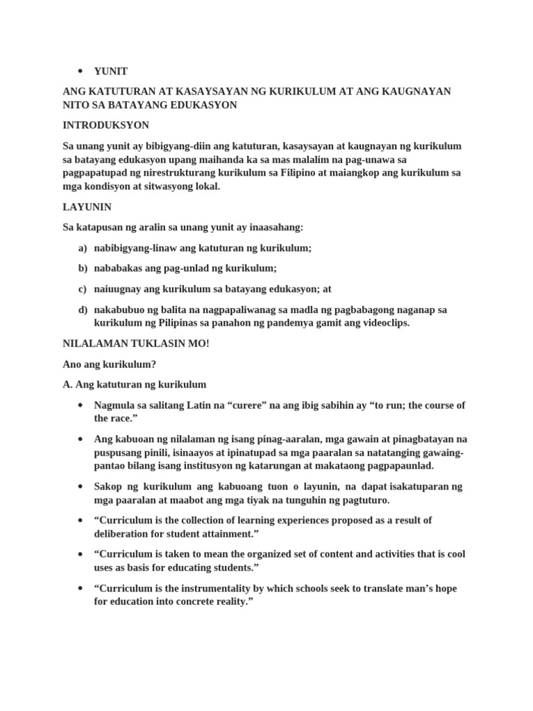 Yunit I - Ang Katuturan at Kasaysayan NG Kurikulum at Ang Kaugnayan Nito Sa Batayang Edukasyon | PDF