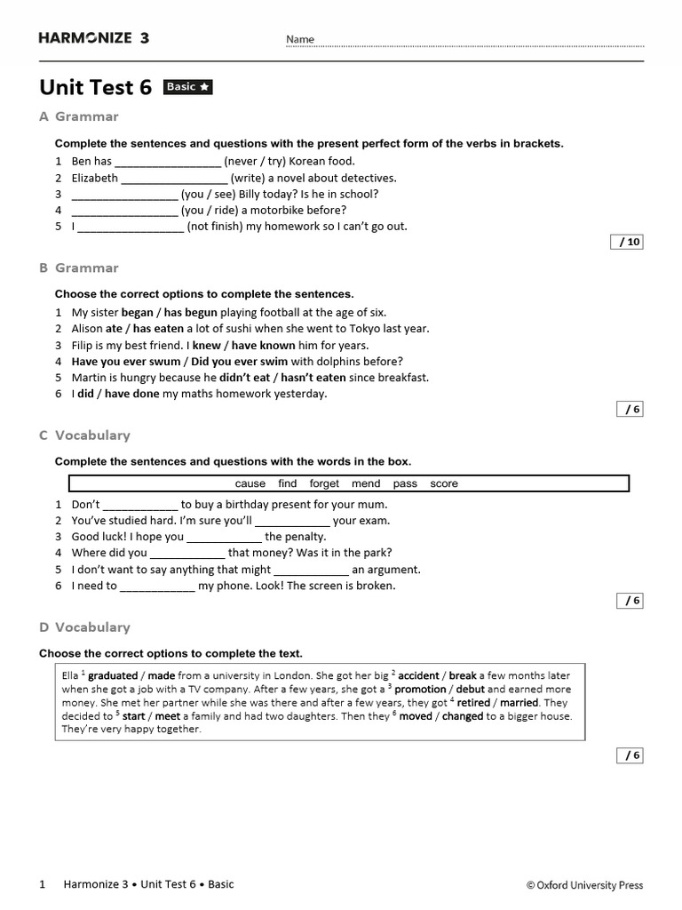 Harmonize - 3 - Unit 6 Test - Basic | PDF
