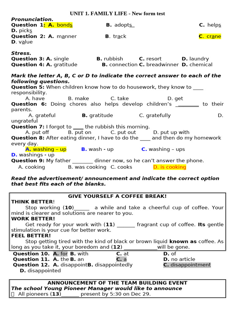 UNIT 1. FAMILY LIFE - New Form Test: A. B. C. D | PDF | Housekeeping ...