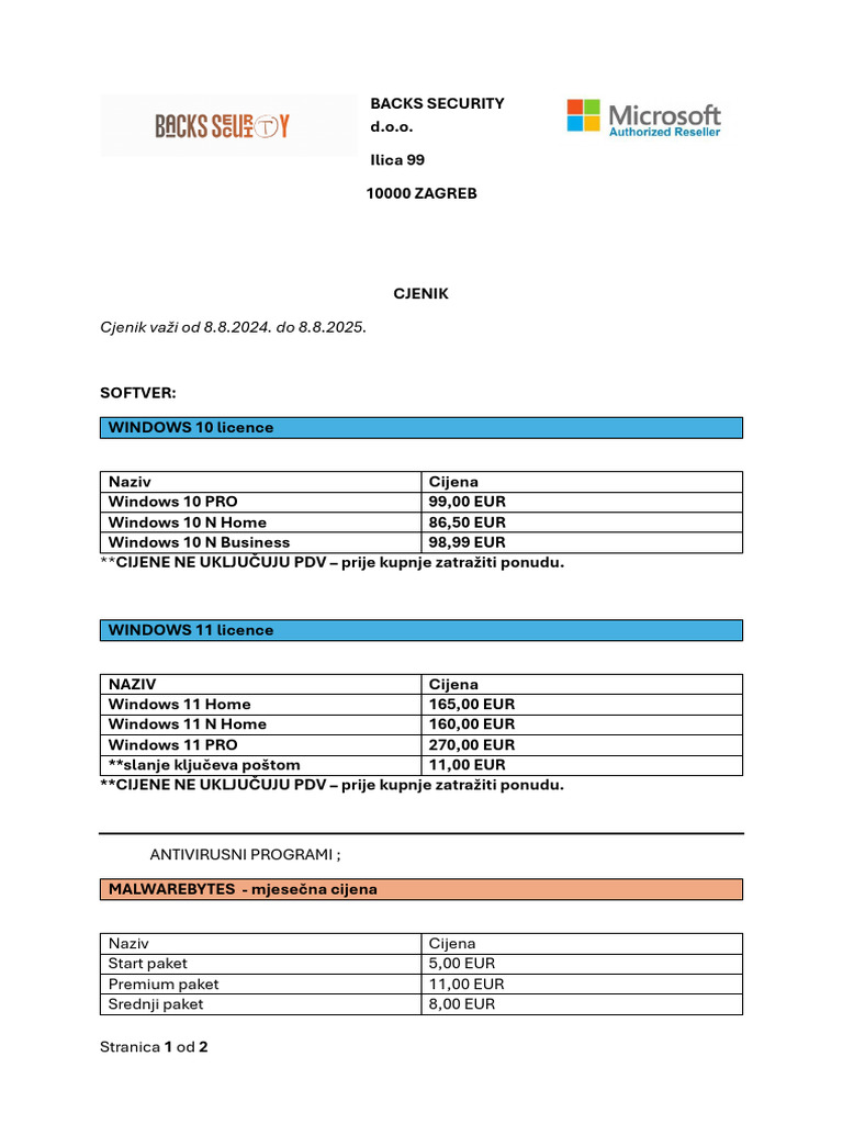 Cjenik - Backs | PDF