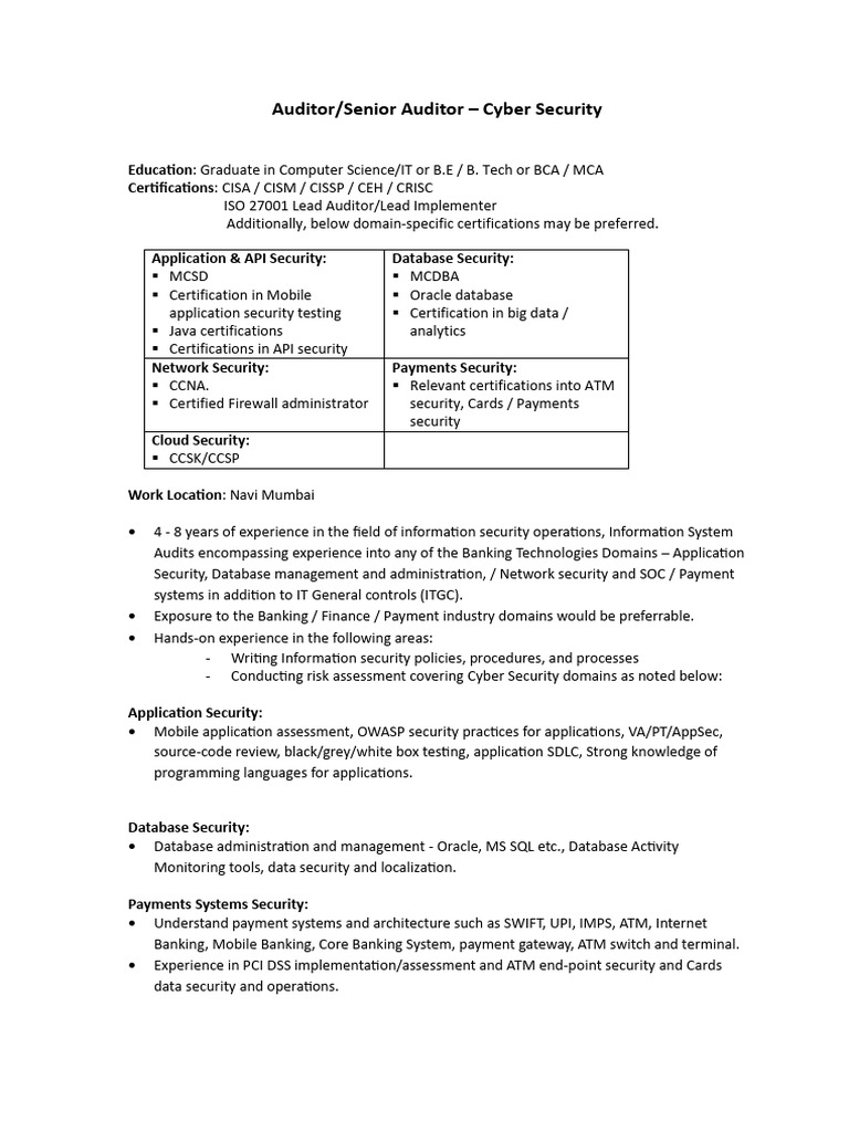 Cyber Security Auditor Job Description | PDF | Security | Computer Security
