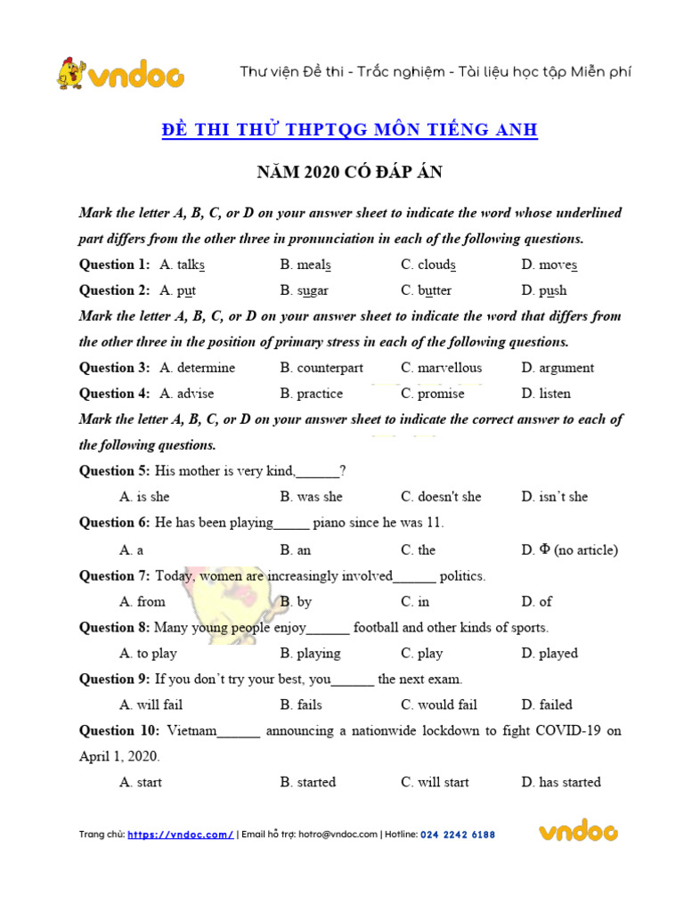 Dap An de Thi Thu THPT 2020 Mon Tieng Anh Lien Truong Nghe An Lan 2 | PDF | Vaccines | Sea Level ...