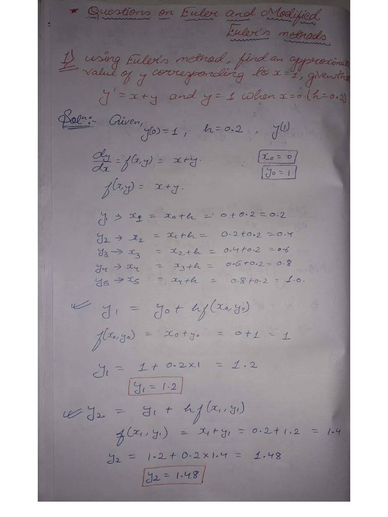 Question of Euler and Modified of Euler Method | PDF